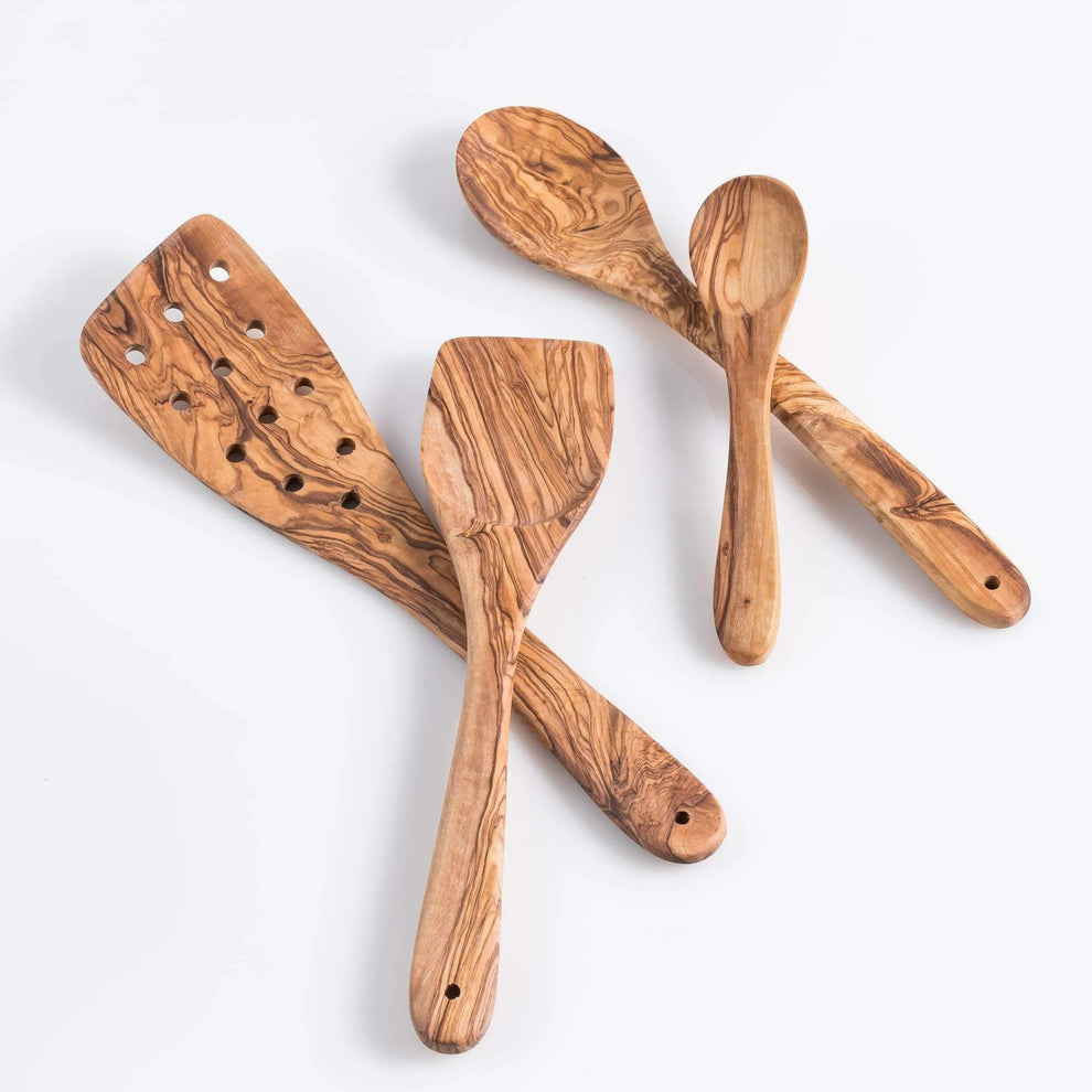 Olive Wood Kitchen Utensils – 4-Piece Handmade Cooking Tool Set ...